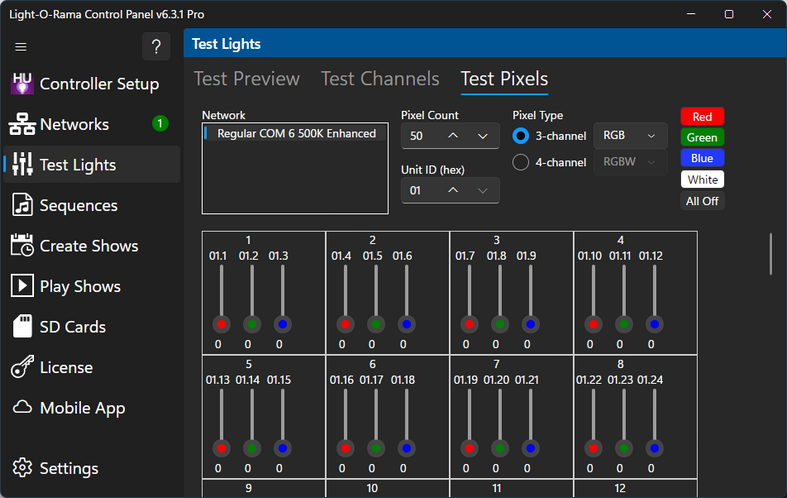 The Light-O-Rama Software Package > Control Panel > Test Lights (Main Menu)